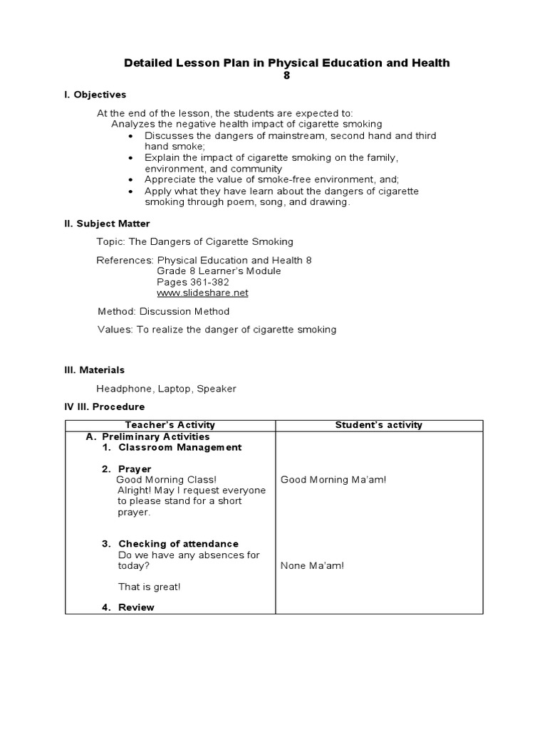 Lesson Plan: Dangers of Cigarette Smoking | PDF | Tobacco Smoking ...