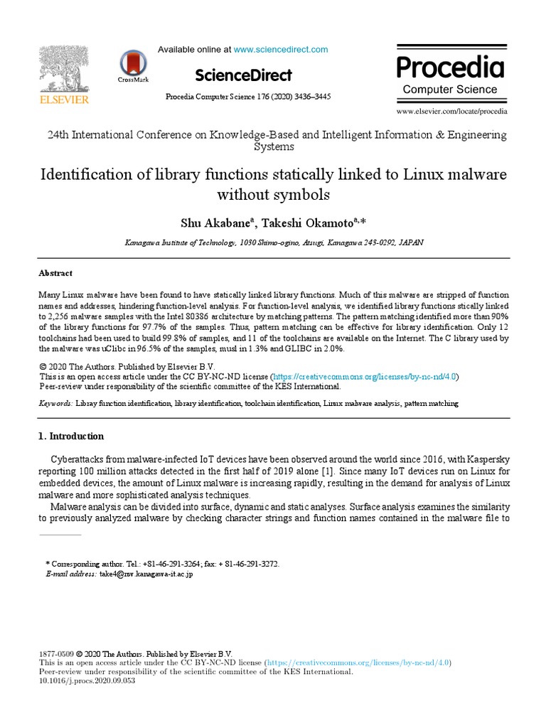 2020 - Identification of Library Functions Statically Linked To Linux Malware Without Symbols ...