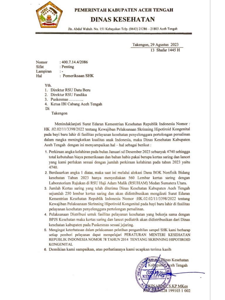 Surat Pemeriksaan SHK | PDF