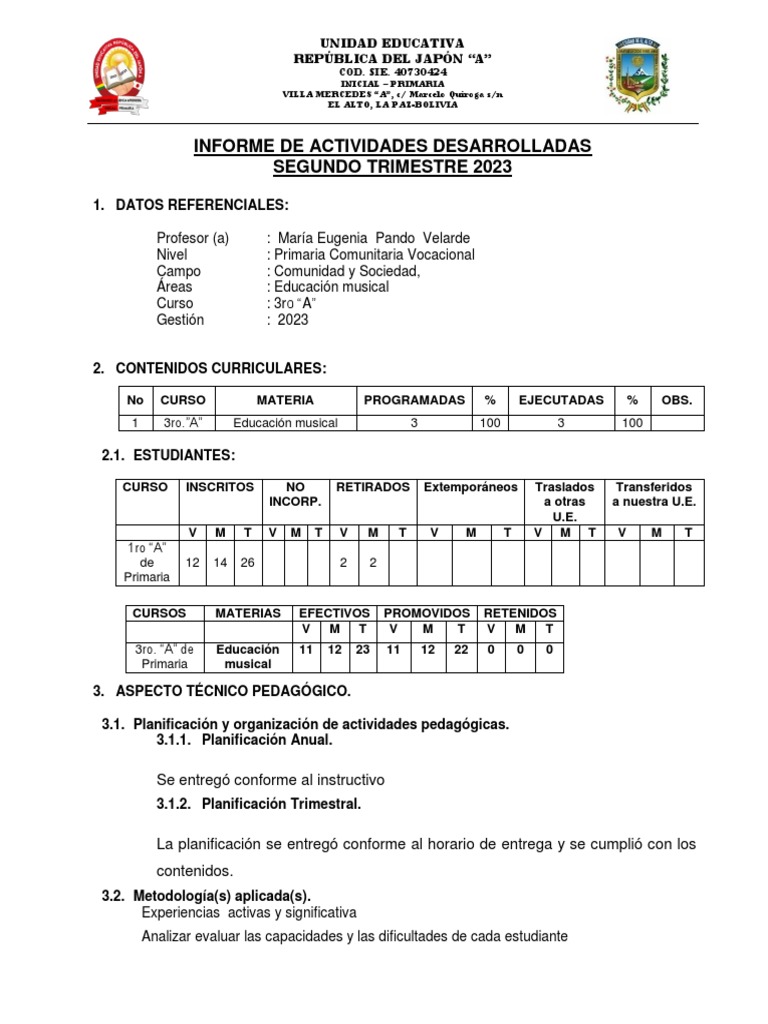 INFORME TRIMESTRAL Prof Maria Pando 2023 | PDF | Enseñando ...