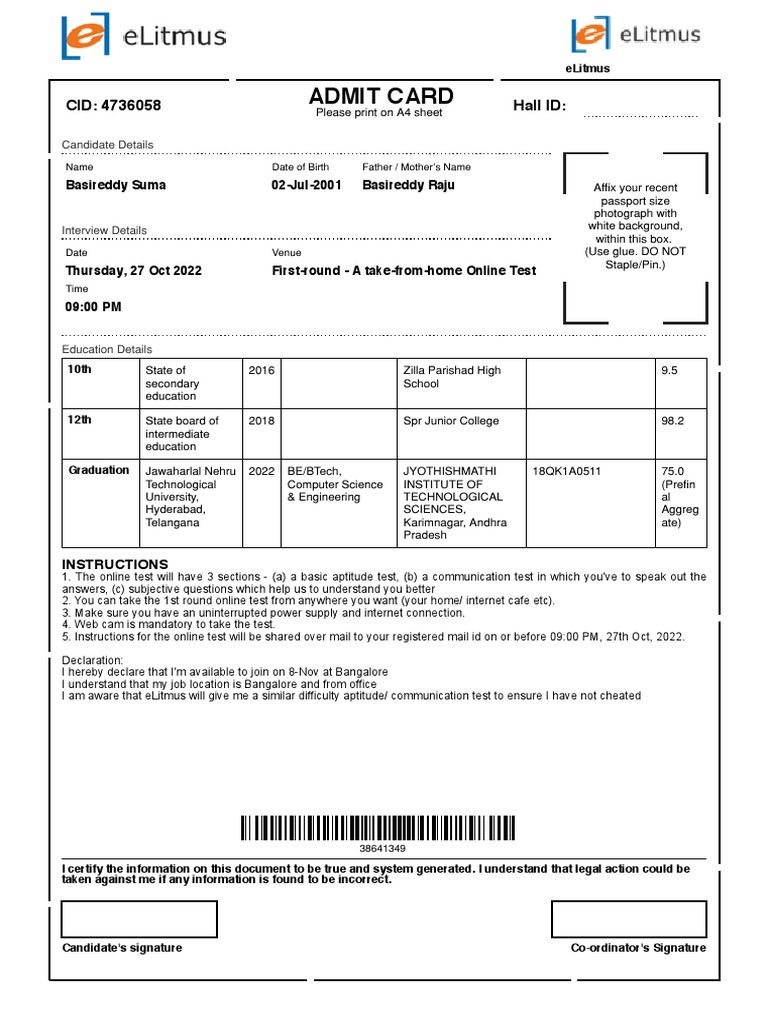 Elitmus Elitmus Admit Card 27oct2022 | PDF