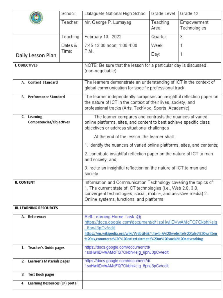 DLP EmpTech 12 Q3 W1 D1 | PDF | Educational Technology | Learning