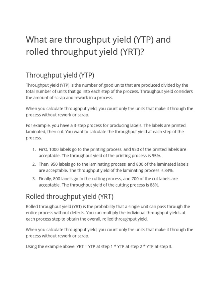 What Are Throughput Yield (YTP) and Rolled Throughput Yield (YRT) | PDF ...