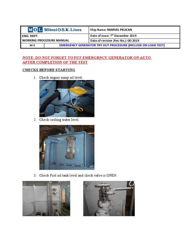 M-5 EMERGENCY GENERATOR TRYOUT PROCEDURE Include On-Load Test | PDF ...