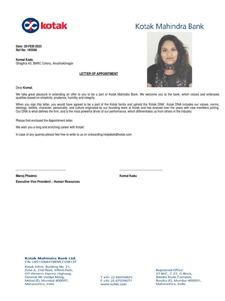 Komal Kadu Kotak Mahindra Bank Offer Letter Placement | PDF | Insurance ...