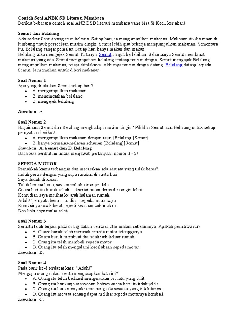 Contoh Soal ANBK SD Literasi Membaca | PDF