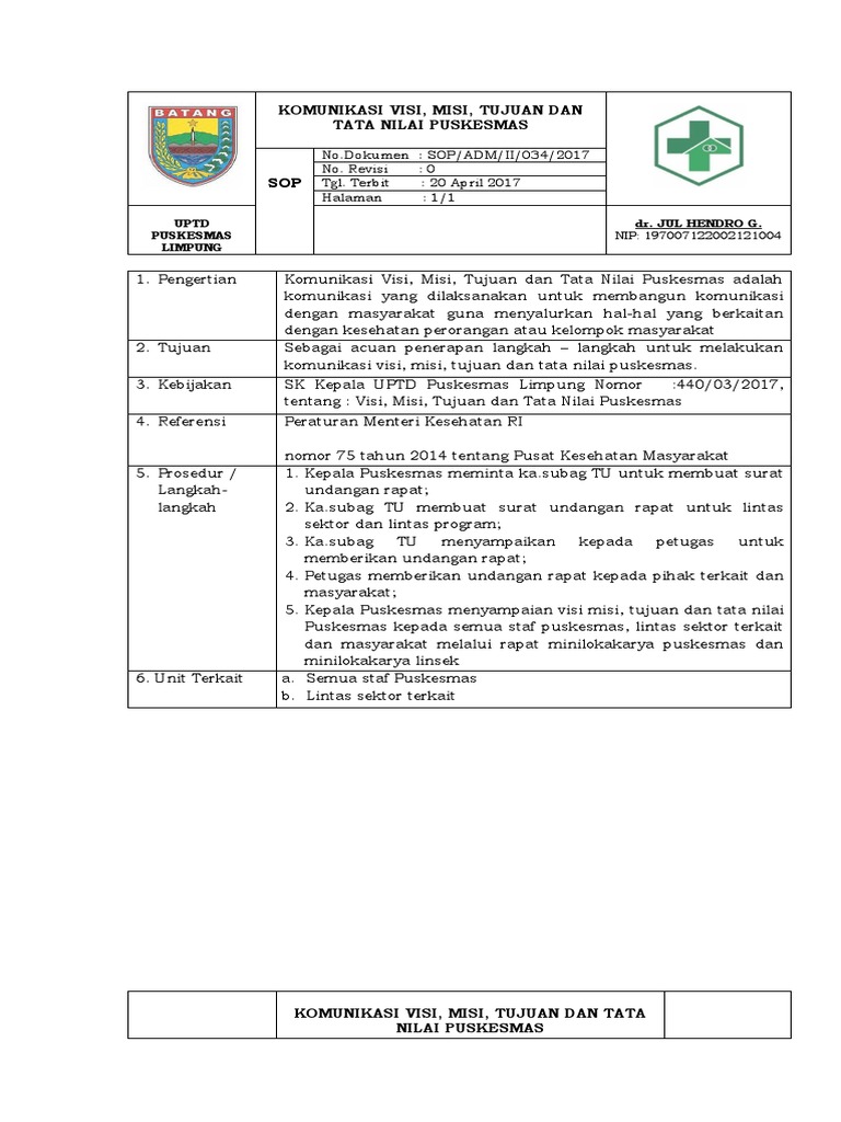 Sop 2.3.6.2. Komunikasi Visi, Misi, Tujuan Dan Tata Nilai Puskesmas | PDF | Ilmu Sosial