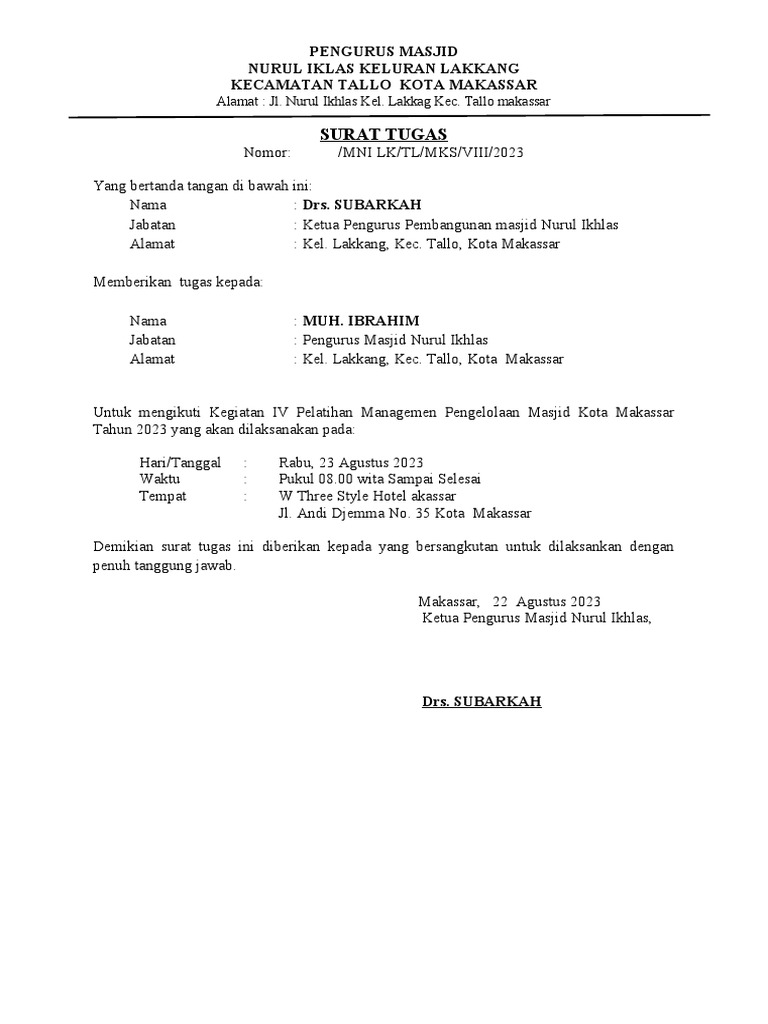Surat Tugas Masjid | PDF
