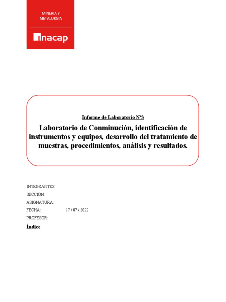 Informe de Conminución Laboratorio Nº3 | PDF | Agua | Laboratorios