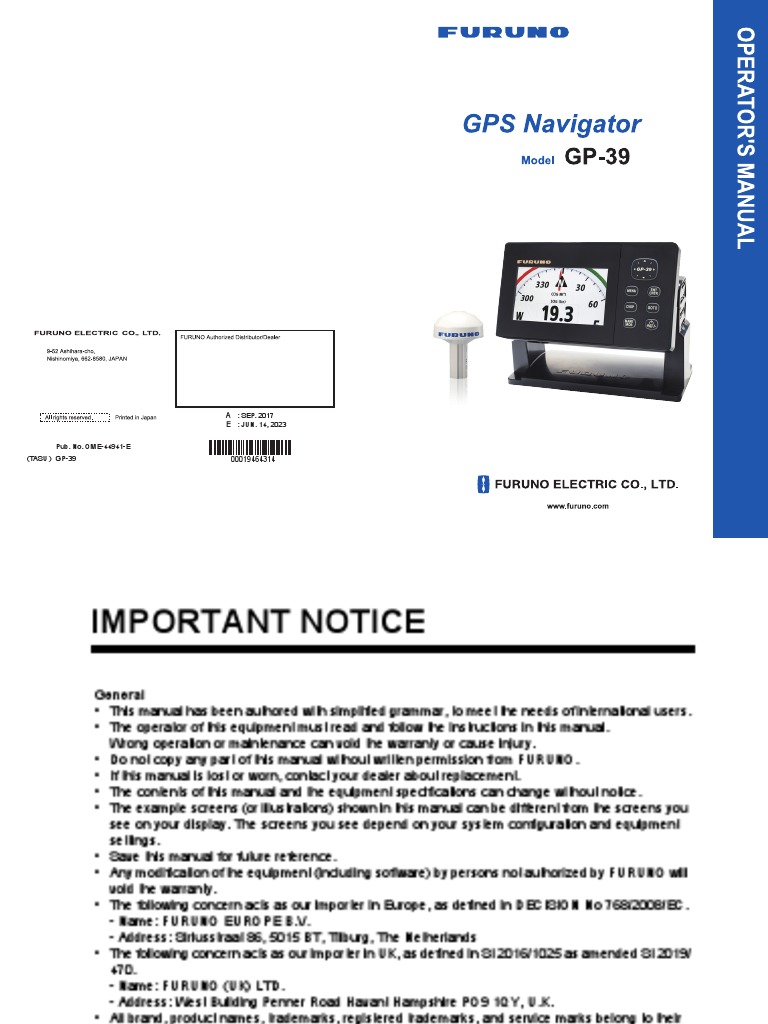 Gps Furuno Gp-39 | PDF | Menu (Computing) | Rechargeable Battery