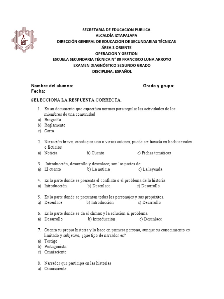 Examen Diagnostico Segundo Grado | PDF