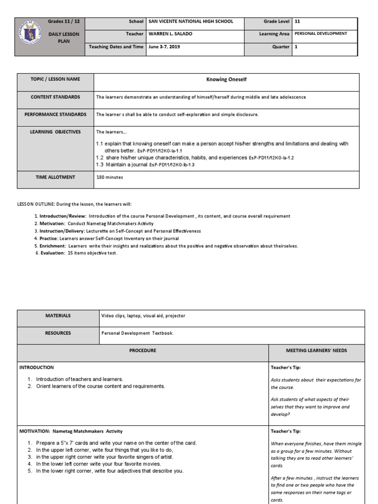 PerDev Lesson 1 Knowing OneSelf | PDF | Learning | Self Concept