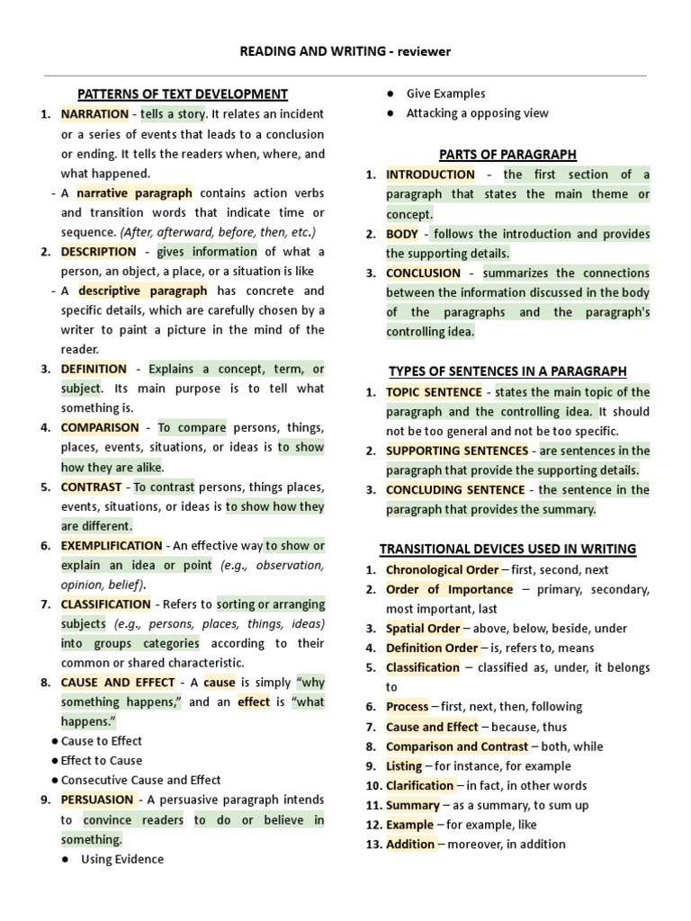 Patterns of Text Development Notes | PDF | Punctuation | Verb
