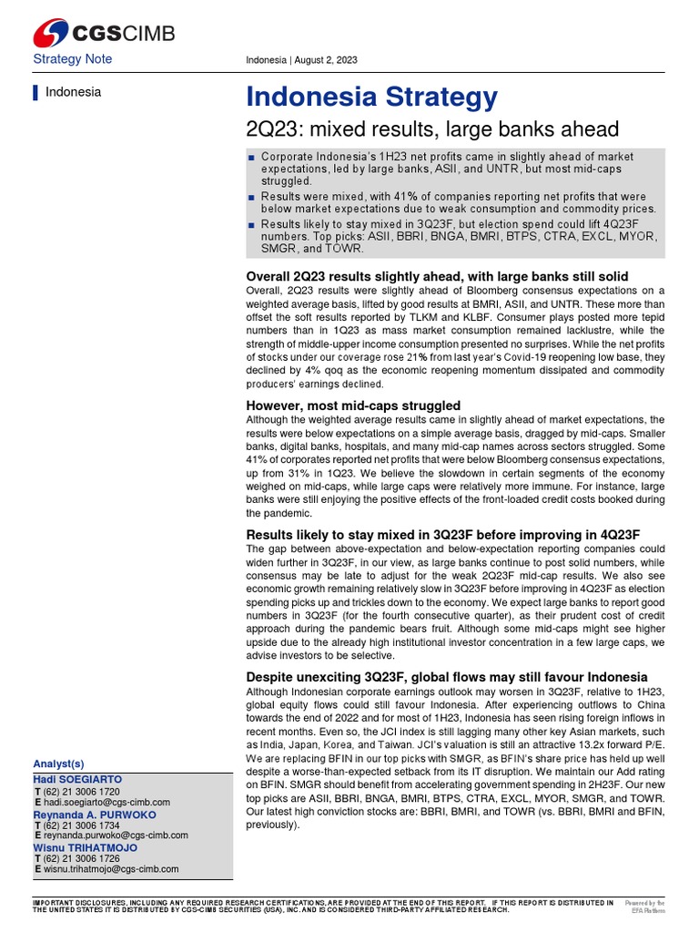 CIMB Strategy Note 2 Aug 2023 2Q23, Mixed Results, Large Banks Ahead | PDF | Securities (Finance ...