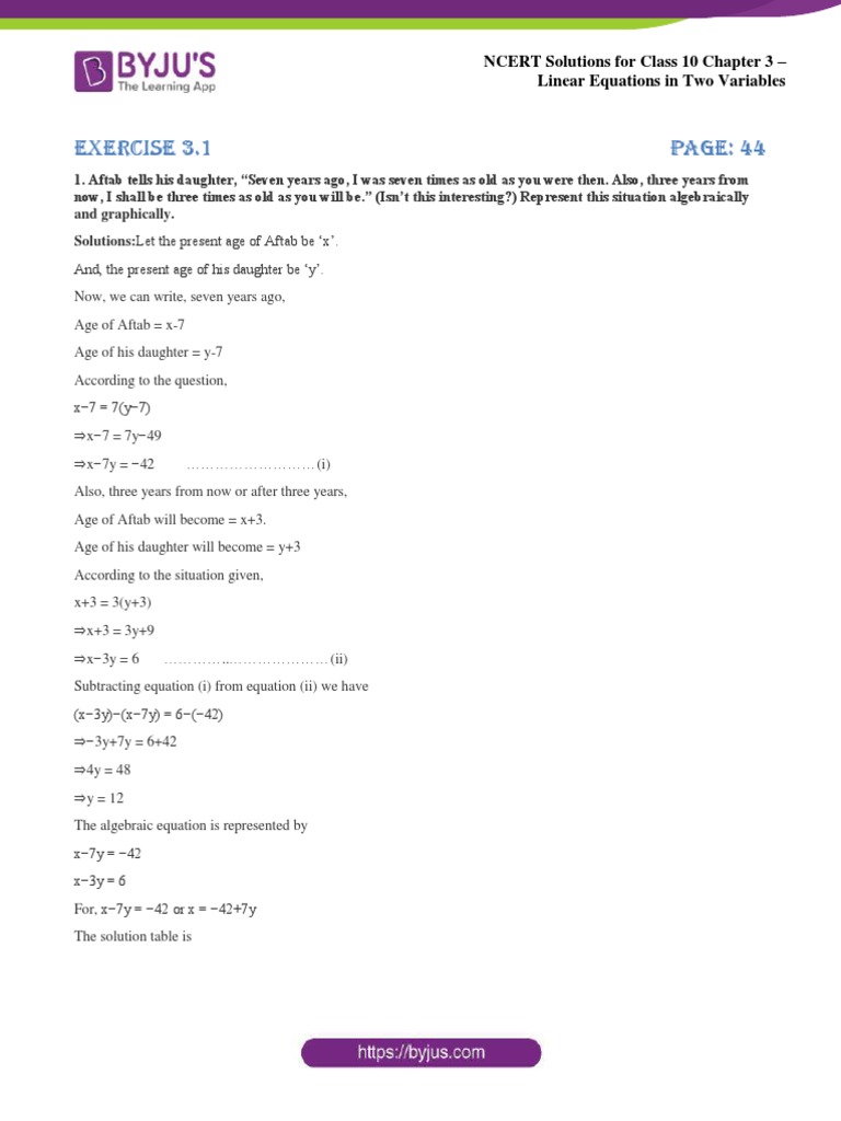 NCERT Solutions For Class 10 Chapter 3 Linear Equations in Two Variables Exercise 3.1 | PDF ...