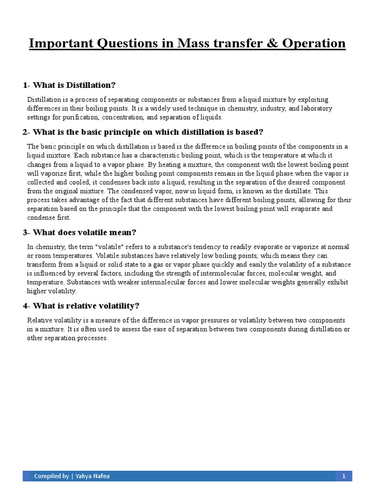 Important Questions in Mass Transfer Operations 1685190603 | PDF | Distillation | Thermodynamics