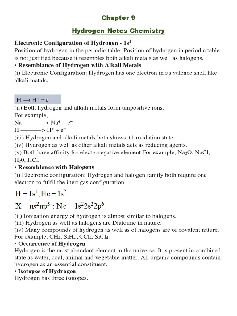 Chapter 9 Chemistry Hydrogen Notes | PDF | Hydrogen Peroxide | Hydride