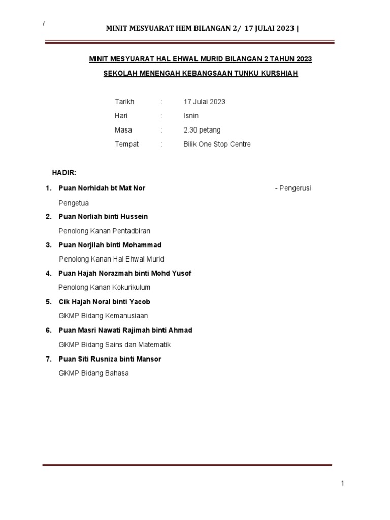 Minit Mesyuarat Hem Bil 2 2023. | PDF