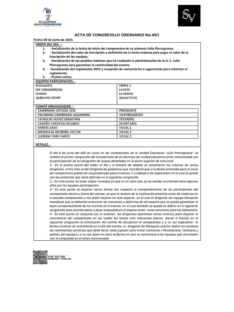 Congresillo Ex Alumnos 2023: Acta 001 | PDF