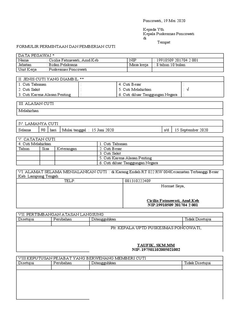 SURAT IJIN CUTI MELAHIRKAN SISIL | PDF