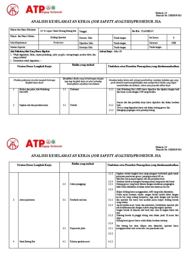 ATP-TB-PLANT-JSA-003 Lepas, Ganti, Pasang Batang Bor | PDF