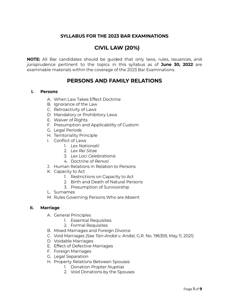 CIVIL LAW (20%) : Syllabus For The 2023 Bar Examinations | PDF | Will ...