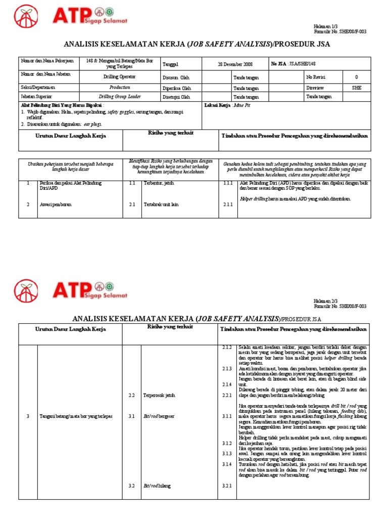 ATP-TB-PLANT-JSA-004 Mengambil Batang Atau Mata Bor Yang Terlepas | PDF