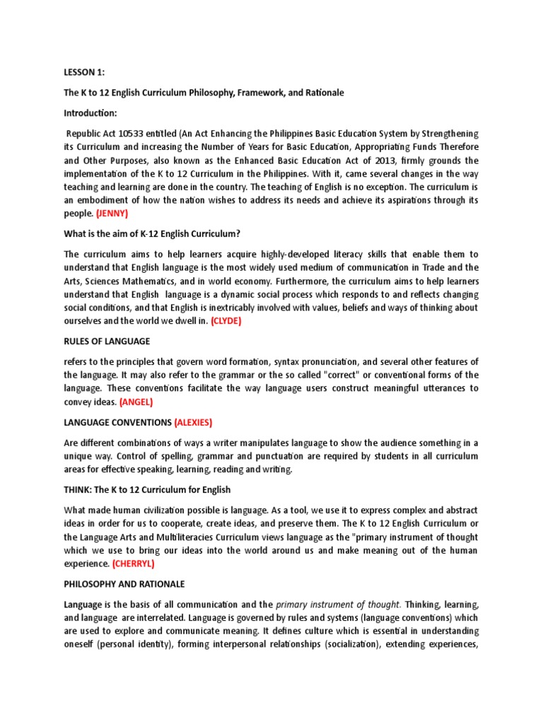Eng 1 Lesson 1 The K To 12 English Curriculum | PDF | Learning | Curriculum