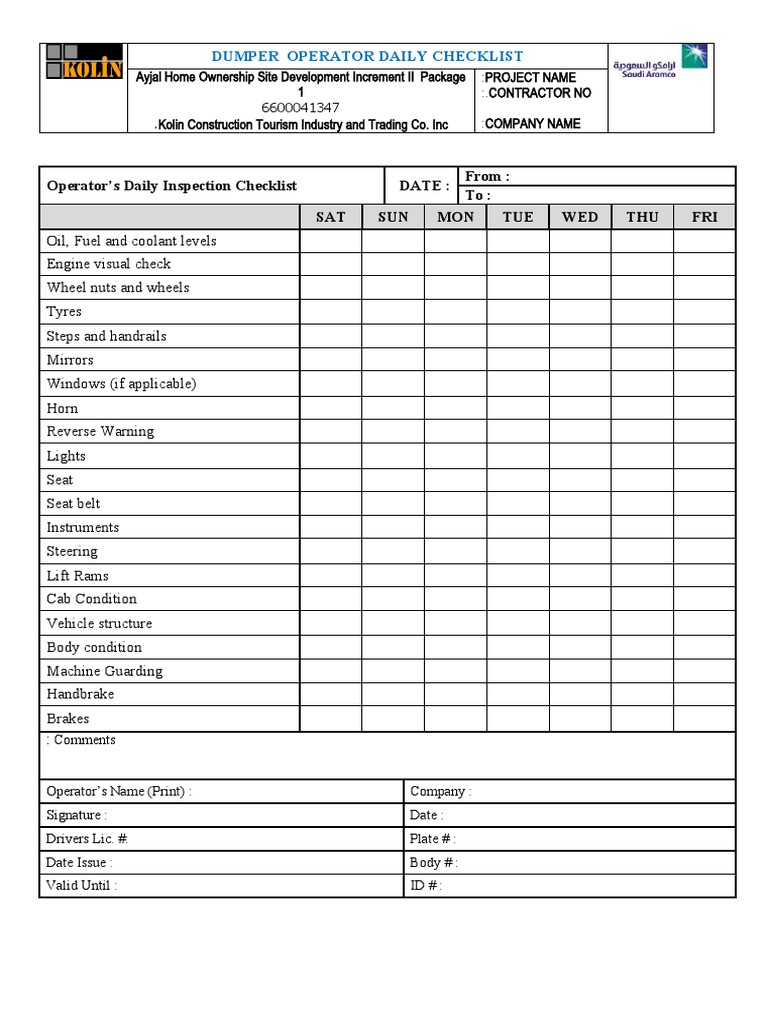 FC 4.1.21 - Dumper Checklist Form | PDF | Computers | Technology & Engineering