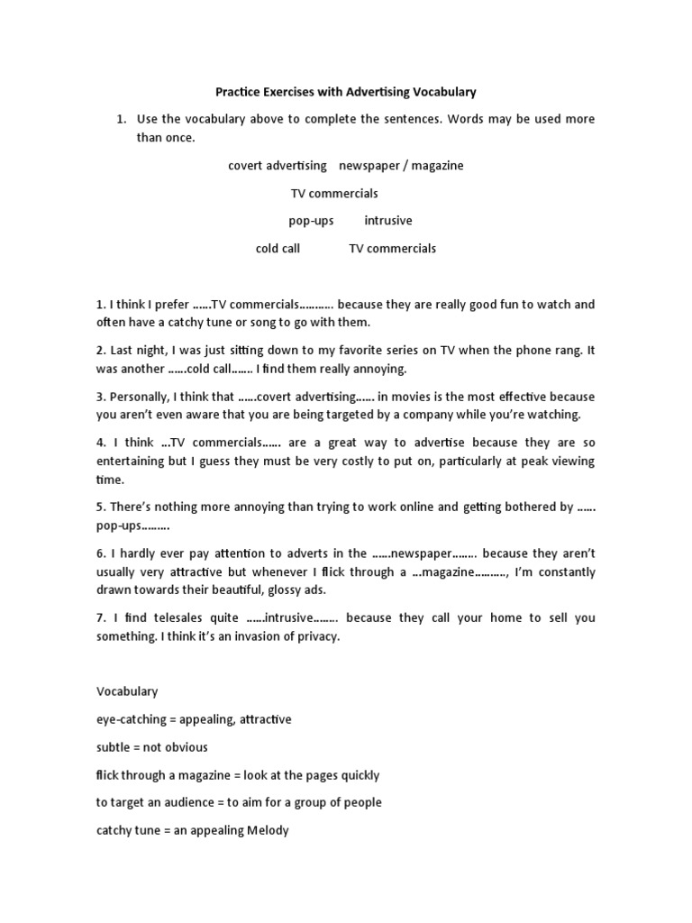 Practice Exercises With Advertising Vocabulary | PDF | Advertising ...