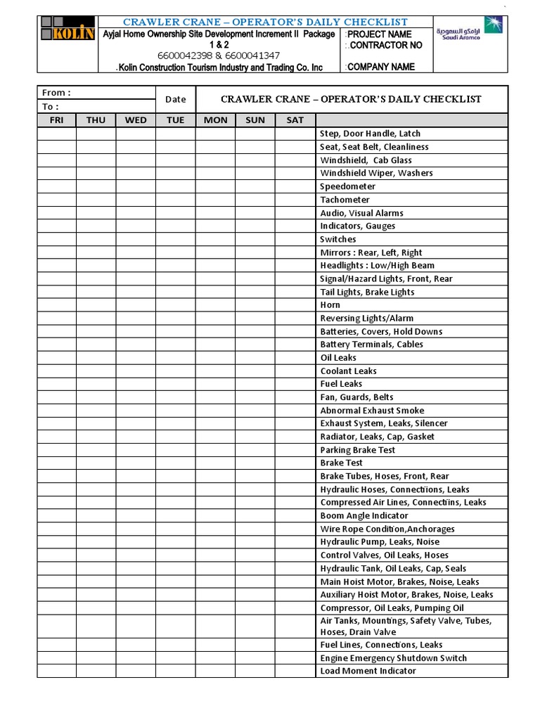 FC 4.1.31 - Crawler Crane Checklist Form | PDF | Crane (Machine) | Brake