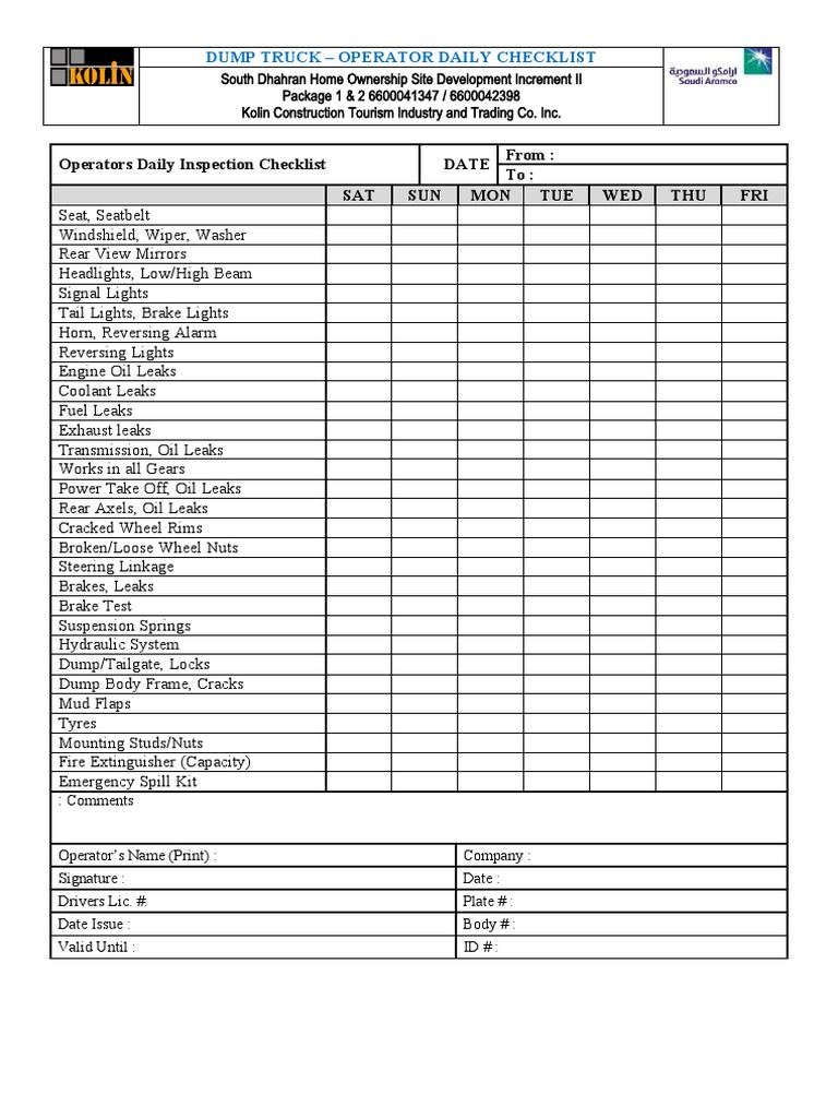 FC 4.1.18 - Dump Truck Checklist Form | PDF | Business | Finance ...