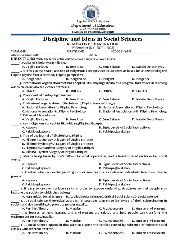 Summative Test in Diss | PDF | Philippines