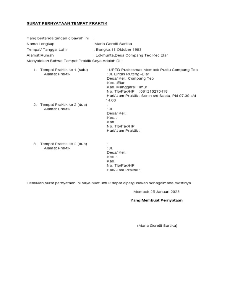 Surat Pernyataan Tempat Praktik Maria | PDF