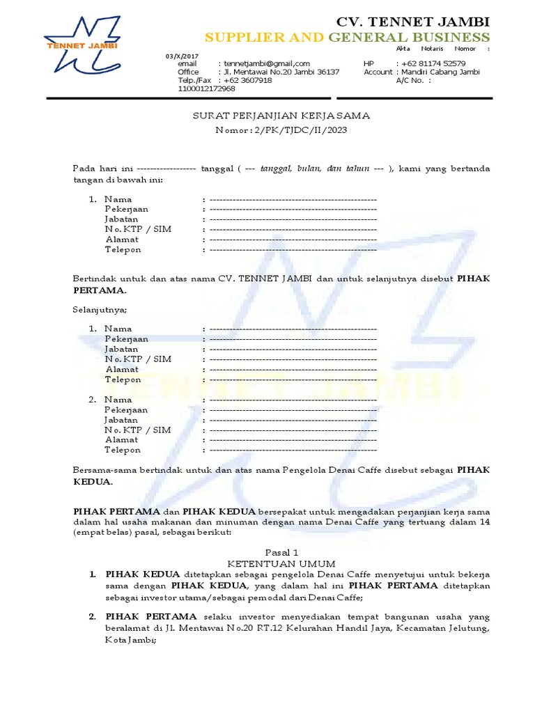Perjanjian Kerjasama Denai Cafe | PDF