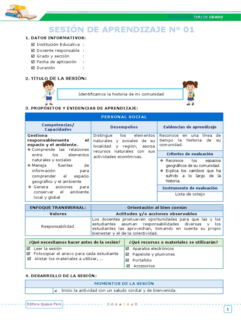 Sesiones de Aprendizaje - EDA VI Semana 1 - Editora Quipus Perú | PDF | Evaluación | Aprendizaje