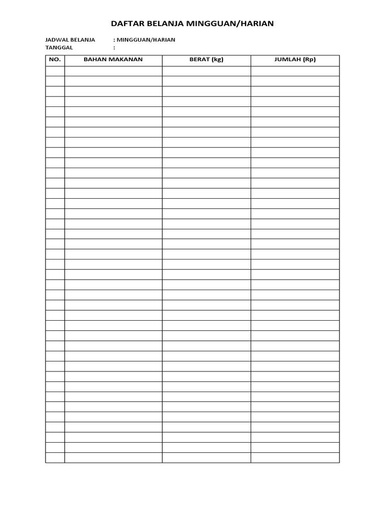 Daftar Belanja Mingguan | PDF