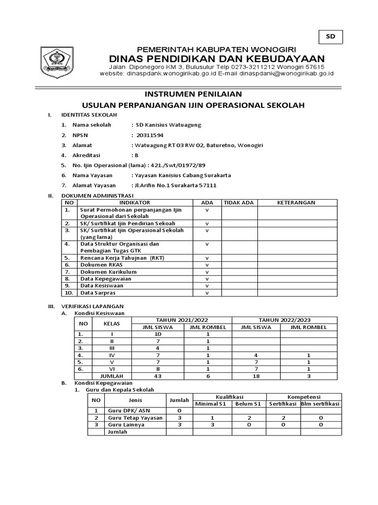 Instrumen Verifikasi Ijin Operasional Sekolah | PDF