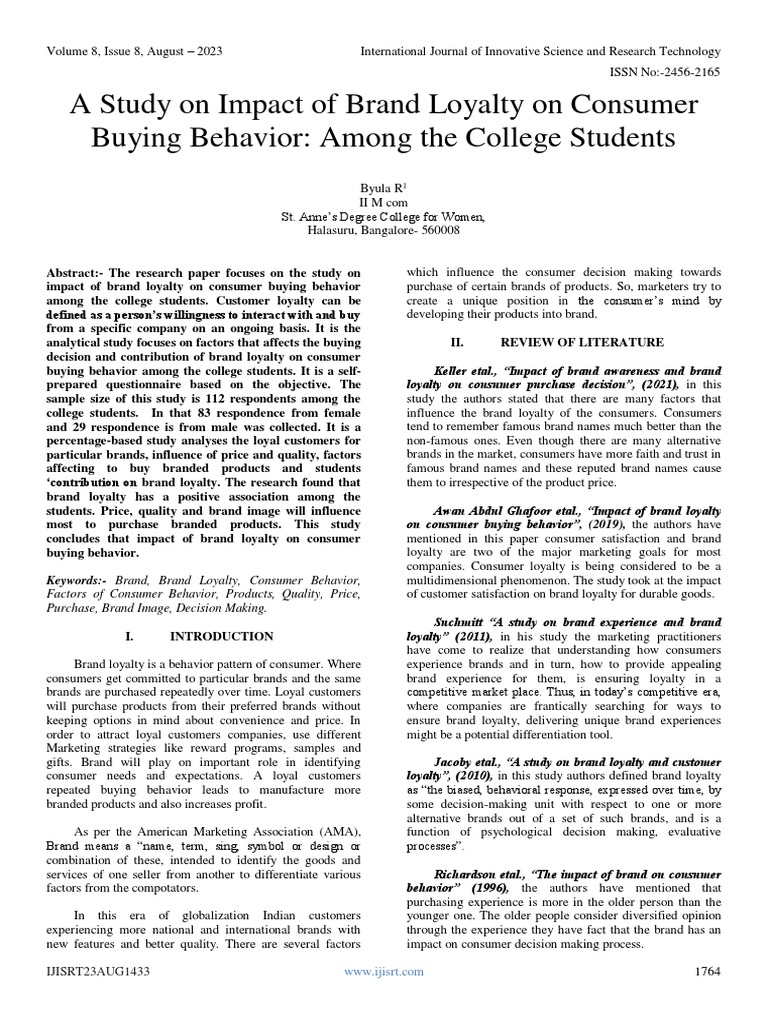 A Study On Impact of Brand Loyalty On Consumer Buying Behavior: Among The College Students | PDF ...