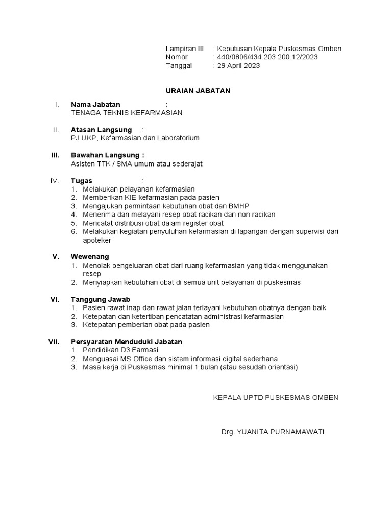 Jobdesc Apoteker Dan TTK Omben | PDF | Kesehatan Holistik