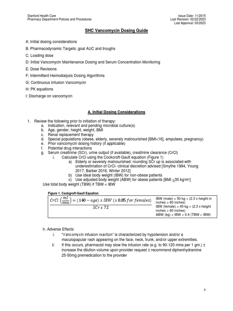 SHC Vancomycin Dosing Protocol | PDF | Dose (Biochemistry) | Chemistry