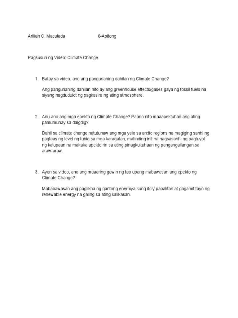 Arlliah Maculada - Sanhi at Epekto NG Climate Change | PDF