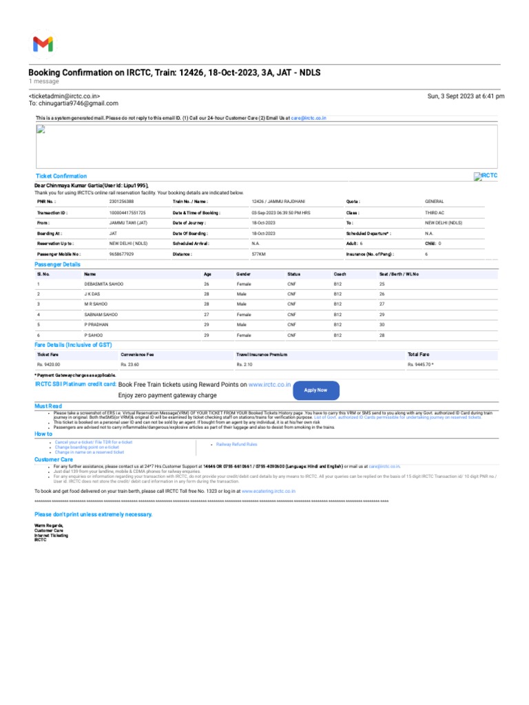 Gmail - Booking Confirmation On IRCTC, Train - 12426, 18-Oct-2023, 3A ...