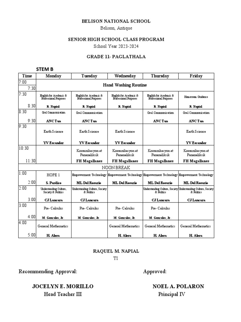 Class Schedule G11 2023 2024 | PDF | Science | Observation