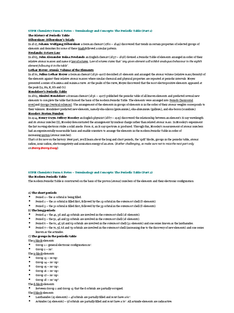 STPM Chemistry Form 6 Notes | PDF | Ion | Periodic Table