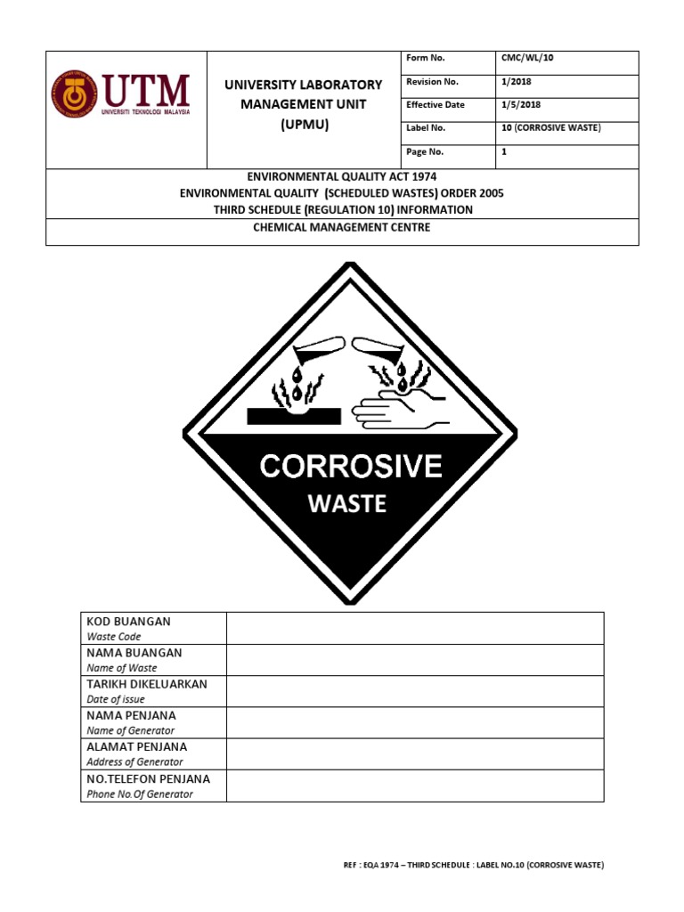 Label No.10 Corrosive Waste | PDF | Law | Science & Mathematics