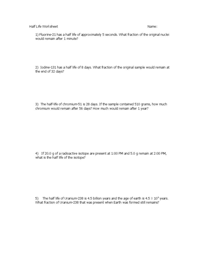 Half Life Worksheet With Answers | PDF | Radioactive Decay | Nuclear ...