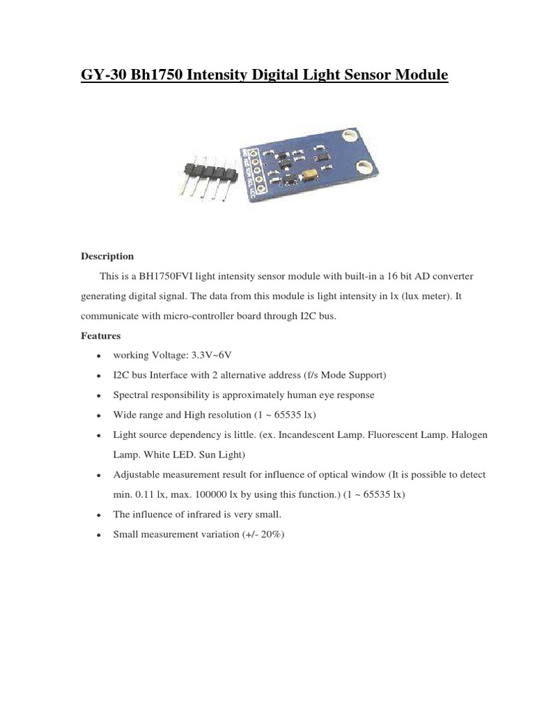 Gy 30 bh1750 Intensity Digital Light Sensor Module | PDF