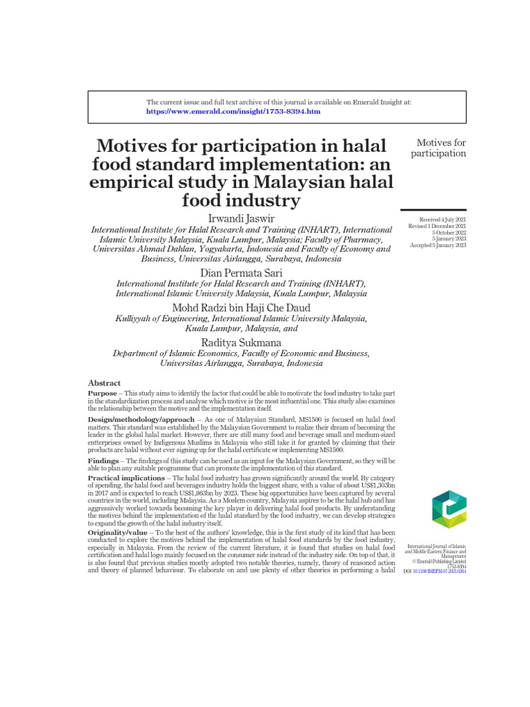 Motives For Participation in Halal Food Standard Implementation: An ... Motives For Participation in Halal Food Standard Implementation: An ...