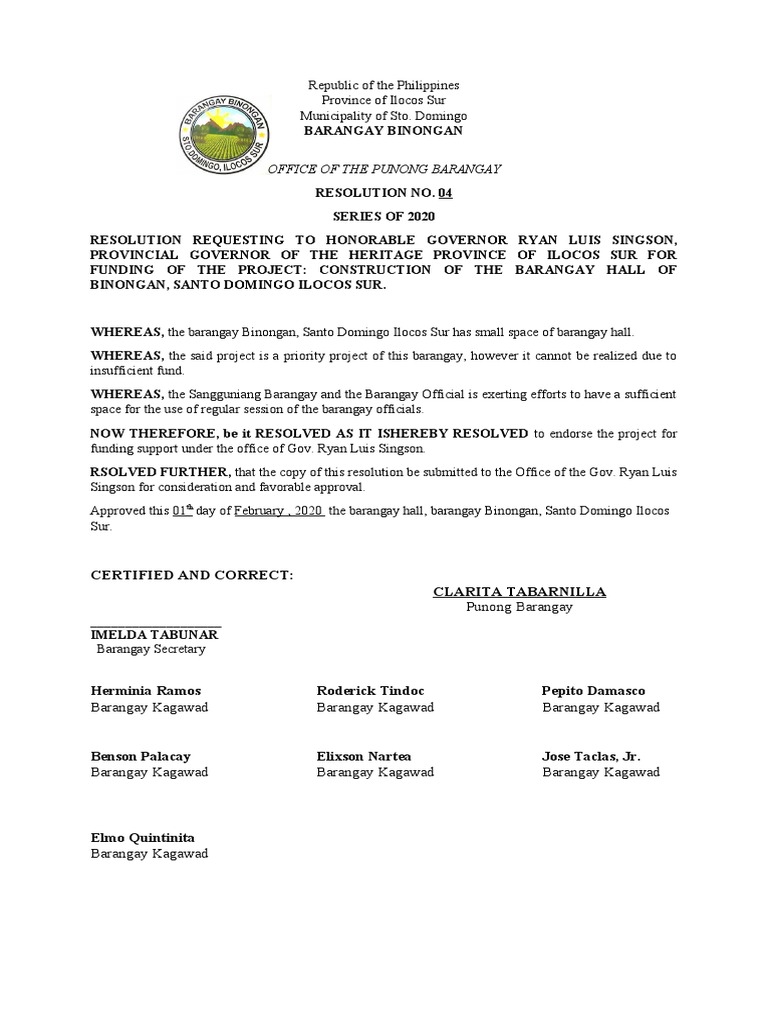 RESOLUTION REQUESTING TO HONORABLE GOVERNOR RYAN LUIS SINGSON | PDF